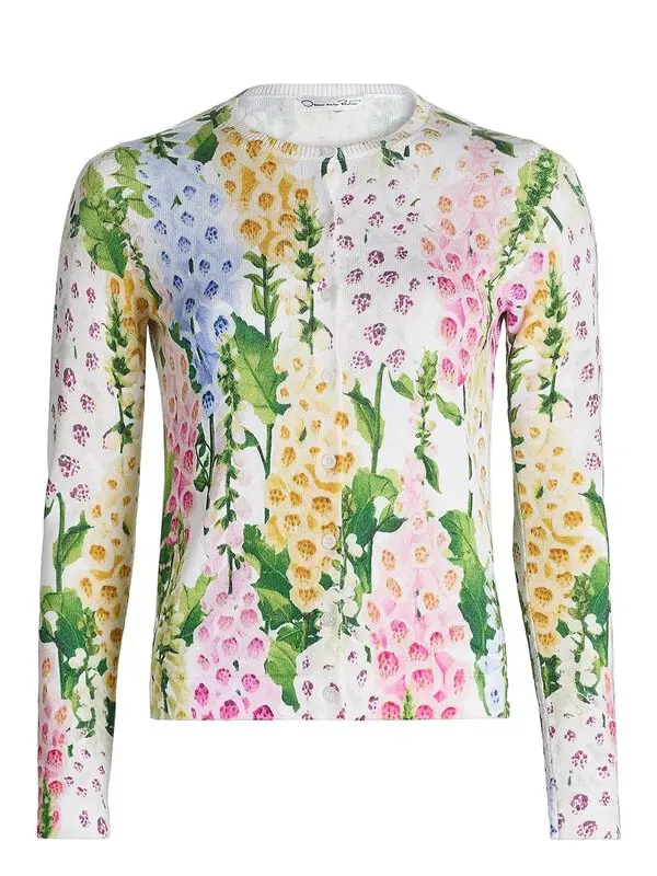 Oscar De La Renta Multi-color Foxgloves Printed Crewneck Cardigan - White Mult