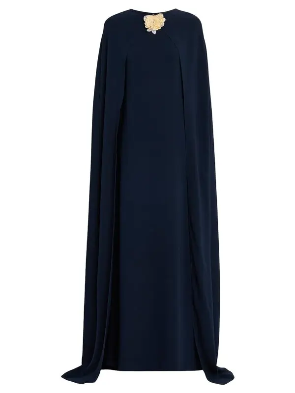 Oscar De La Renta Rose Applique Cape Gown - Navy