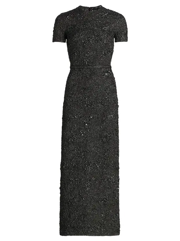 Oscar De La Renta Short-sleeve Metallic Feather Jacquard Maxi Dress - Gunmetal