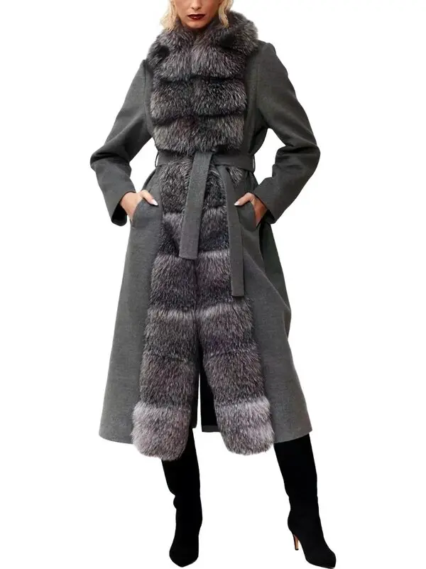 POCHE PARIS Belted Midi Coat With Faux-fur Trim - Grey