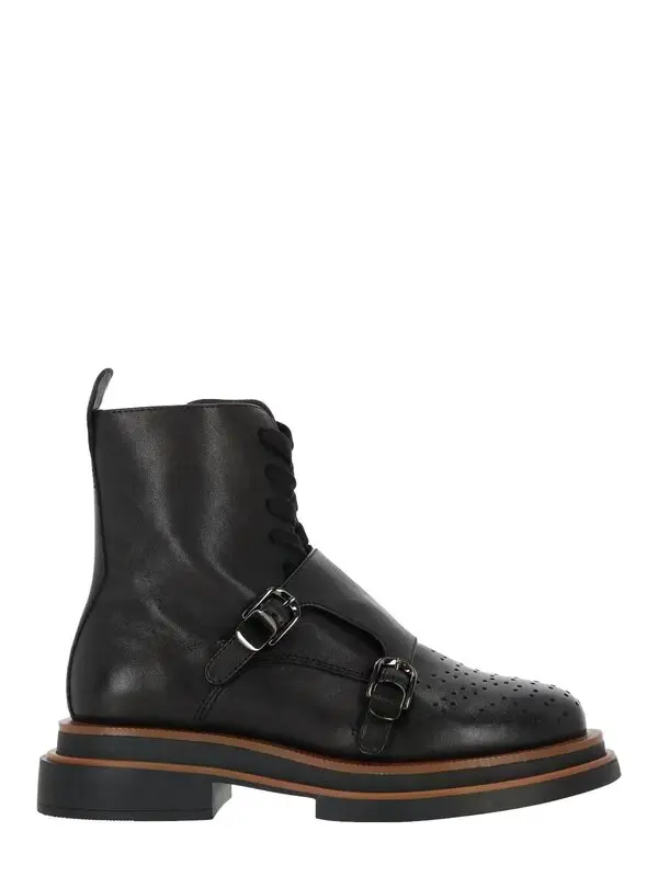 ELVIO ZANON Buckle Perforated Leather Boots - Black