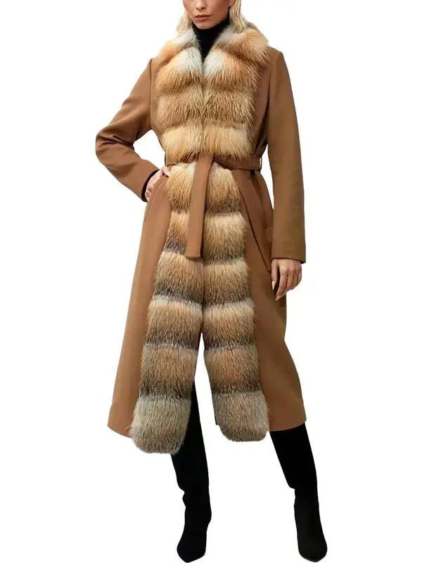 POCHE PARIS Single-breasted Belted Coat With Faux-fur Trim - Brown