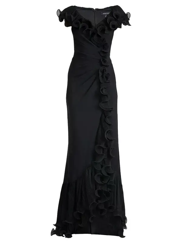 Tadashi Shoji Ruffled Pleated Maxi Dress - Black