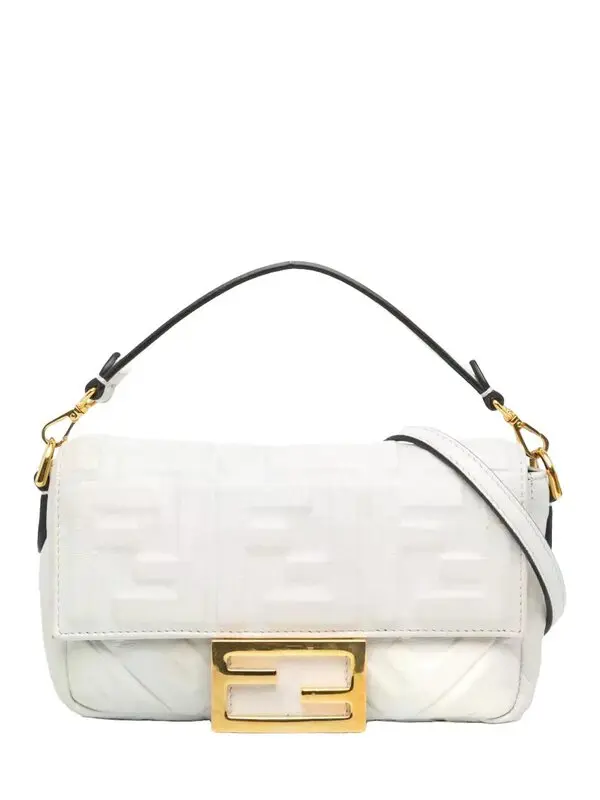 Fendi Mini Embossed Zucca Leather Baguette Satchel - White