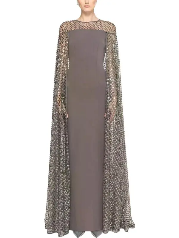 NISSA Sequined Cape Maxi Dress - Grey