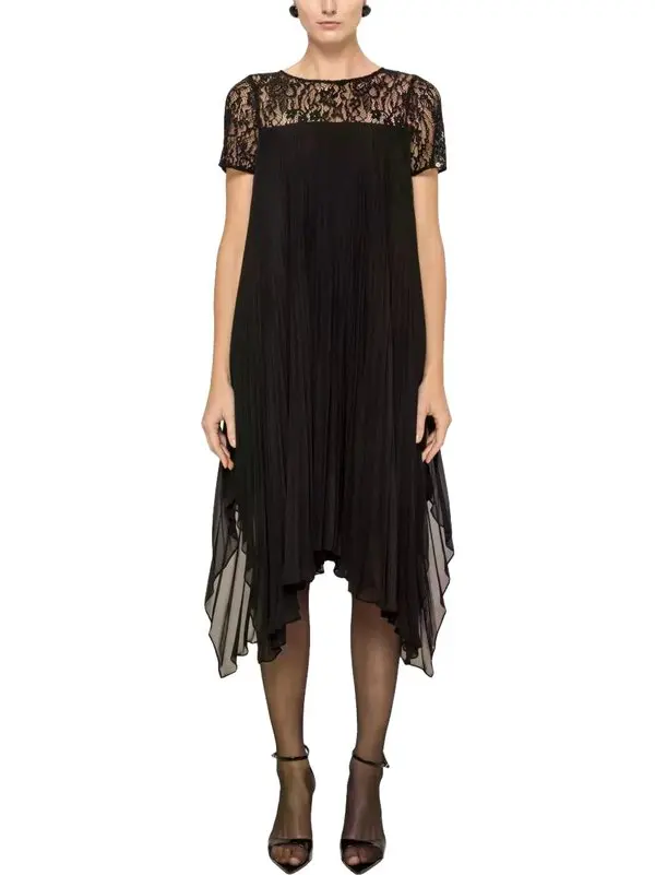 NISSA Lace-panel Pleated Midi Dress - Black