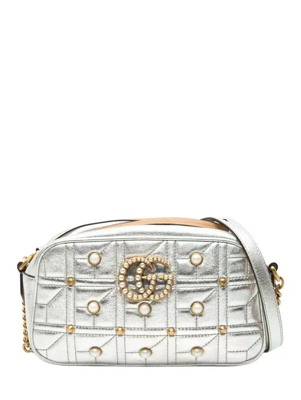 Gucci Gg Marmont Pearl Studded Matelasse Leather Aria Crossbody Bag - Silver