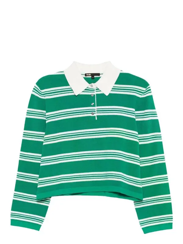 Maje Striped Long-sleeve Polo Top - Green
