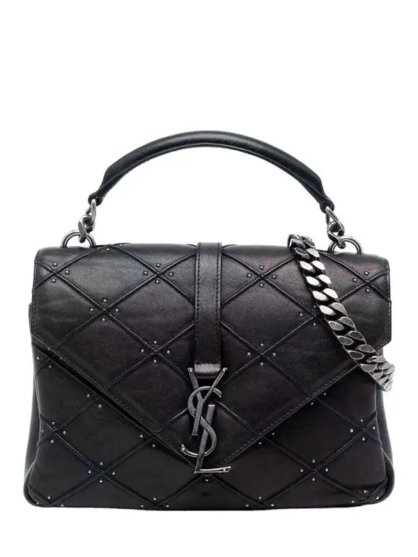 Saint Laurent 2017 Medium Quilted Diamond Iridescent Calfskin Monogram Studded College Satchel - Black