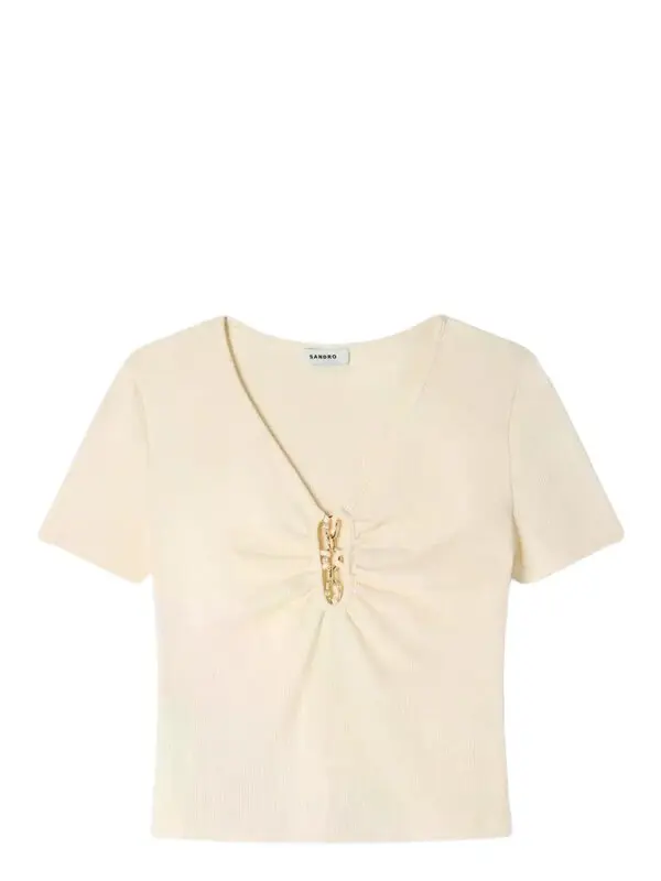 Sandro Detail V-neck T-shirt - Neutrals