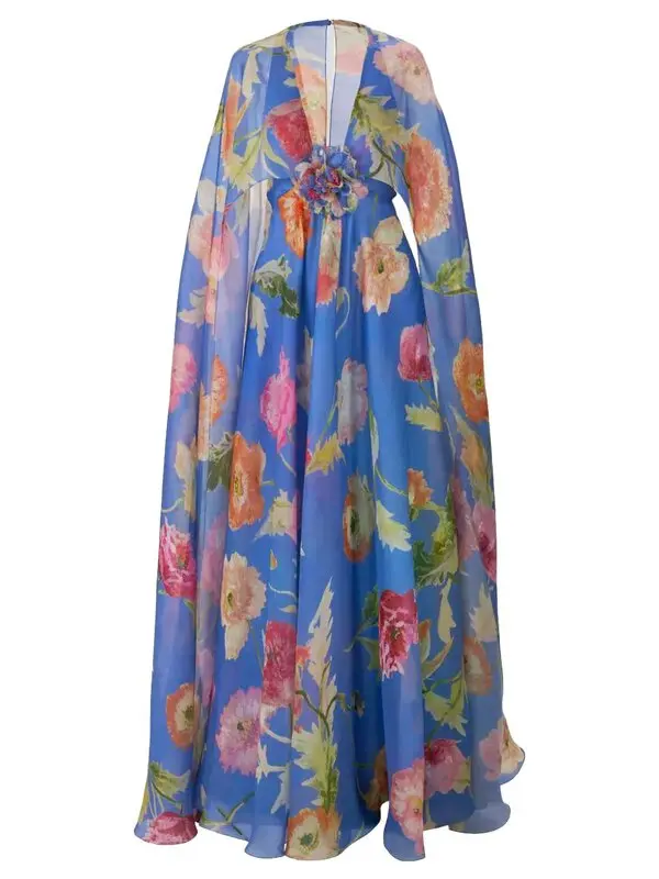 Carolina Herrera Poppy-print Organza Gown With Cape - Blue