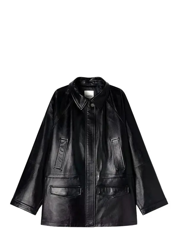 Sandro Leather Shirt Collar Jacket - Black