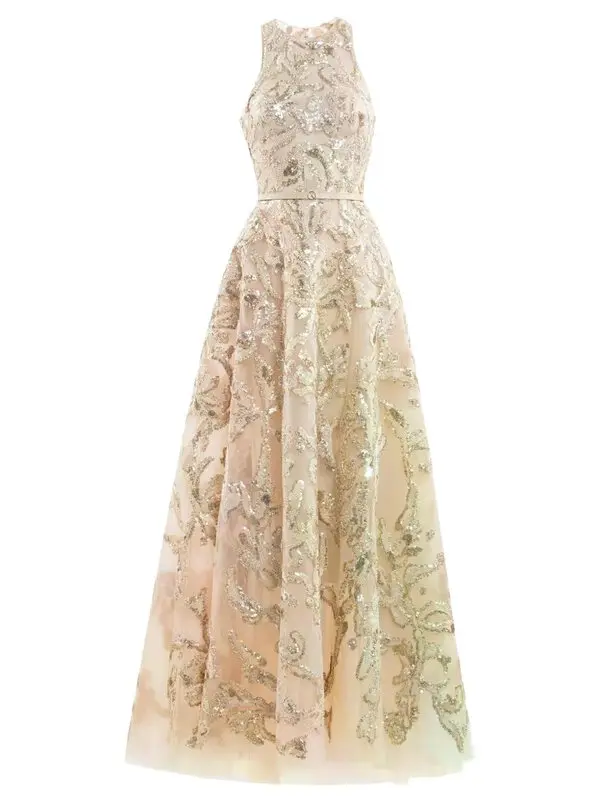 SAIID KOBEISY Embroidered Tulle Maxi Dress - Gold