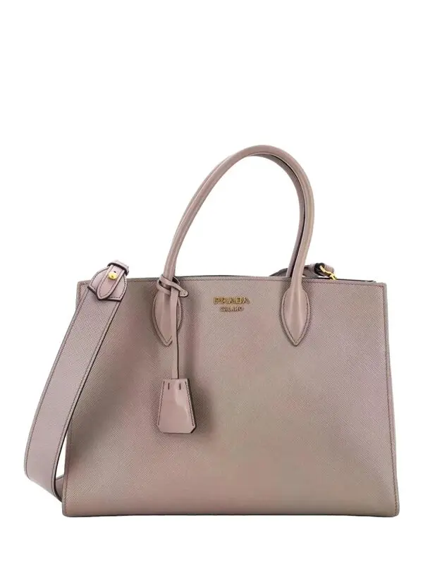 Prada Side Pleat Saffiano Leather Large Tote Bag - Grey