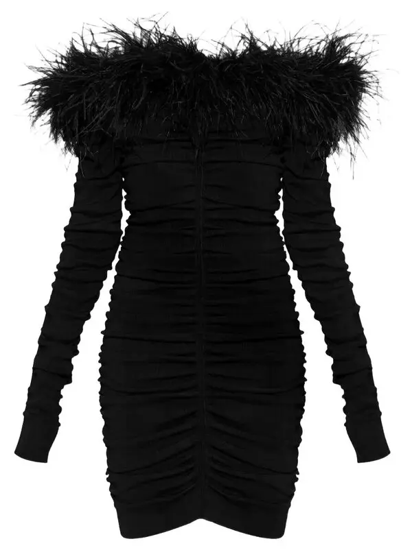 SELF-PORTRAIT Feather Ruched Mini Dress - Black