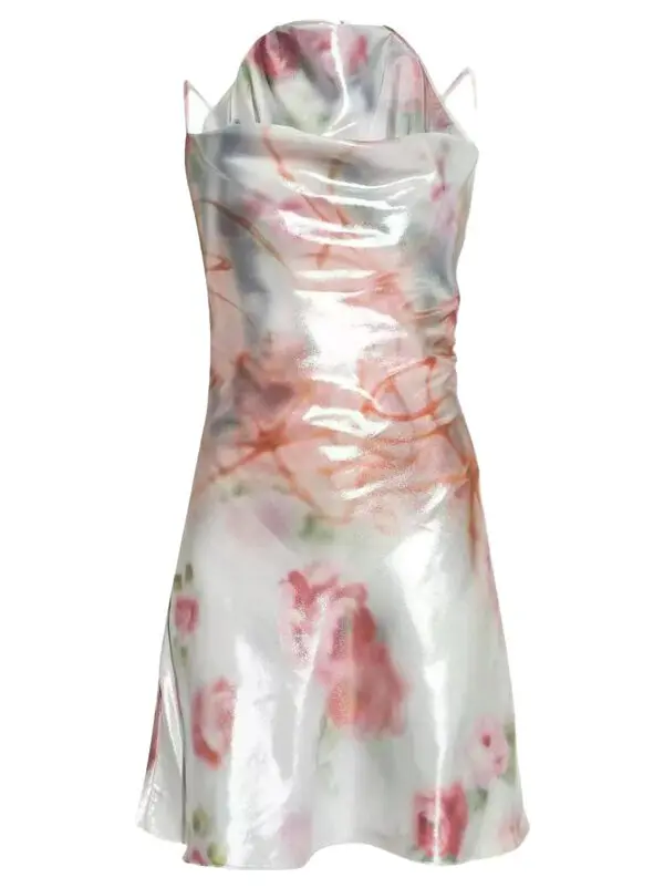 DIESEL® Metallic Blurred Rose Print Halter Neck Mini Dress - Pink