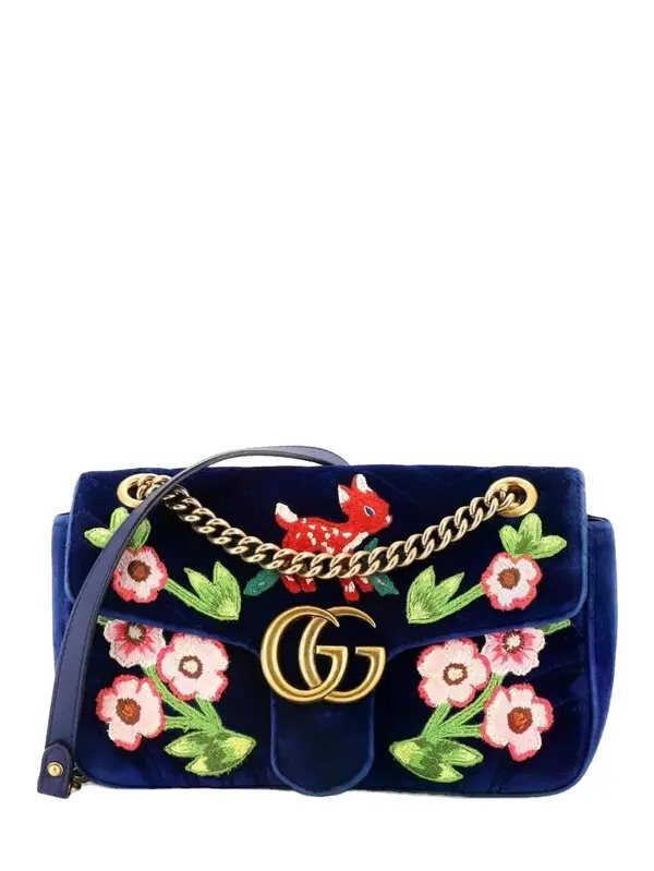 Gucci Gg Marmont Small Embroidered Velvet Shoulder Bag - Blue