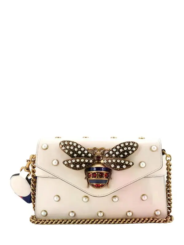 Gucci Broadway Pearly Bee Embellished Leather Mini Shoulder Bag - White