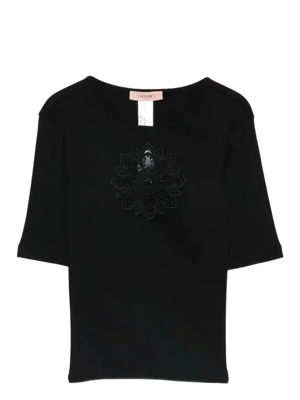 TWINSET Floral-appliqué T-shirt - Black