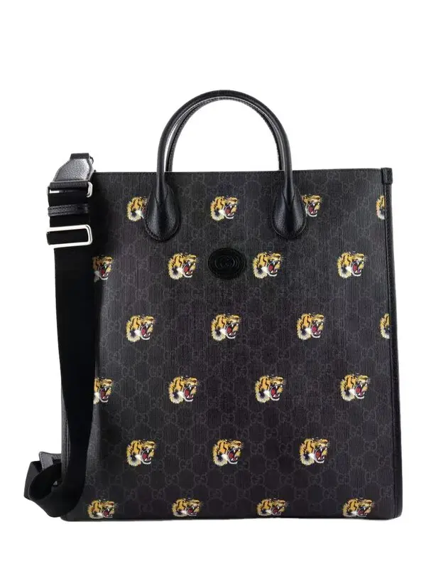 Gucci Interlocking G Printed Gg Coated Canvas Vertical Tote Bag - Black