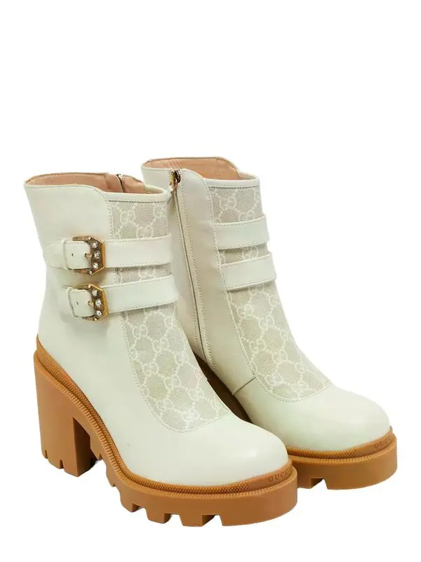 Gucci Canvas And Leather Buckle Boots - Neutrals