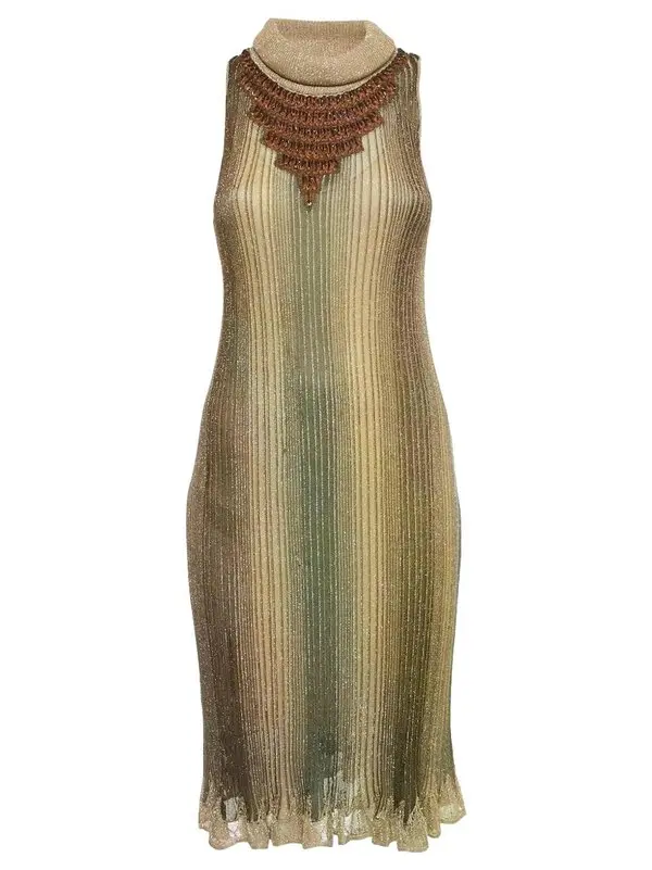 Roberto Cavalli Knitted Embellished Midi Dress - Gold