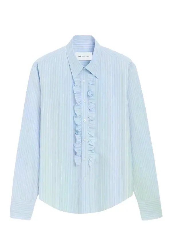Ami Ruffled-detail Striped Shirt - Blue
