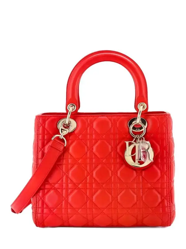 Dior Lady Cannage Quilt Lambskin Medium Satchel - Red
