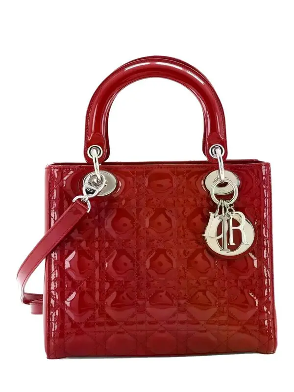 Dior Lady Cannage Quilt Patent Medium Satchel - Red