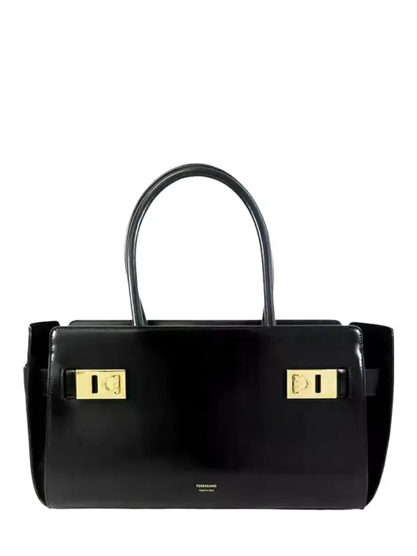 FERRAGAMO Leather Double Gancini Side Buckle Tote Bag - Black