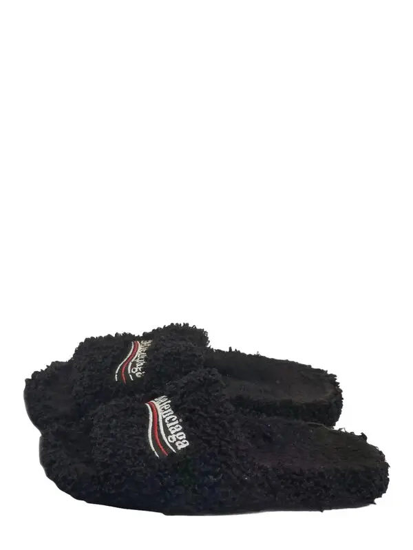 Balenciaga Shearling Logo Flat Slides - Black