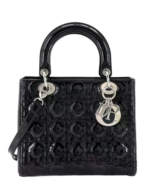 Dior Lady Cannage Quilt Patent Medium Satchel - Black
