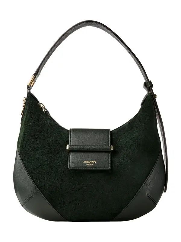JIMMY CHOO Small Suede Hobo Bag With Leather Trim - British Green/shiny Gold