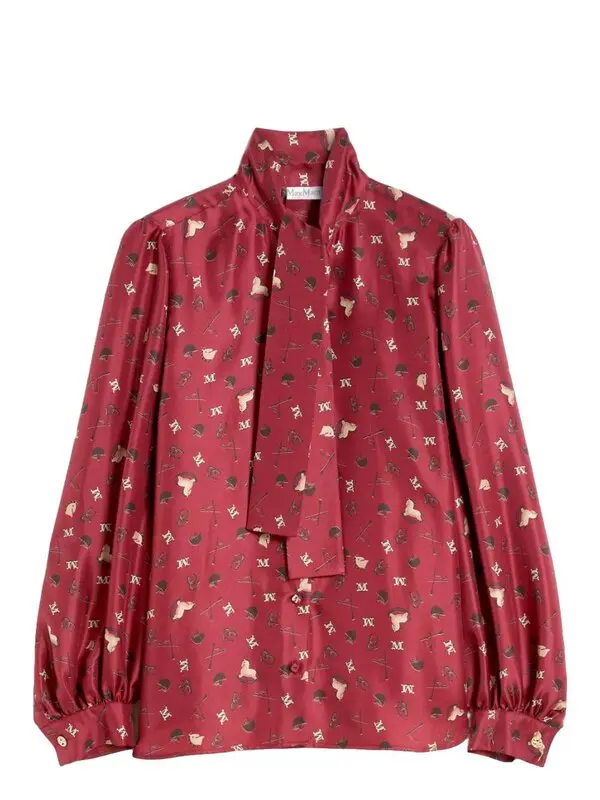 Max Mara Printed Silk Pussy-bow Shirt - Red