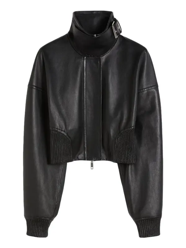 Max Mara Short Leather Bomber Jacket - Black