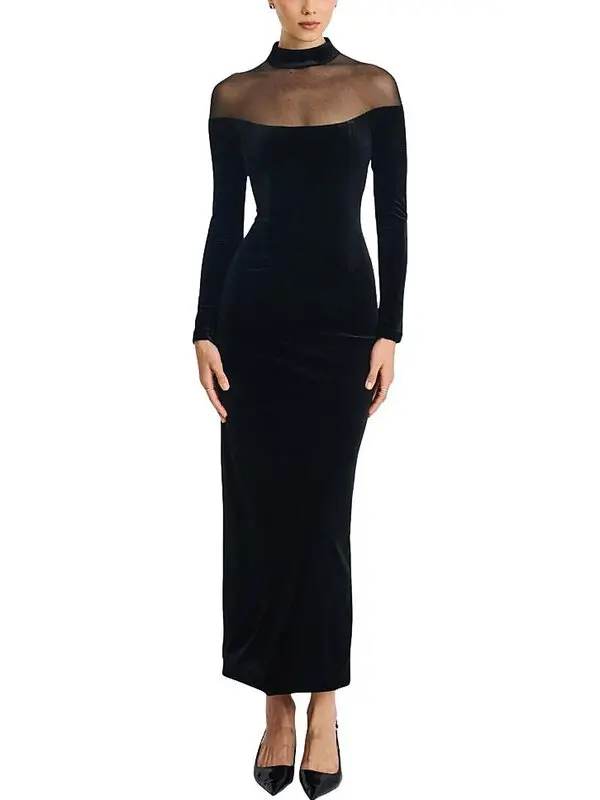 MISS CIRCLE Blair Sheer Mock Neck Maxi Dress - Black