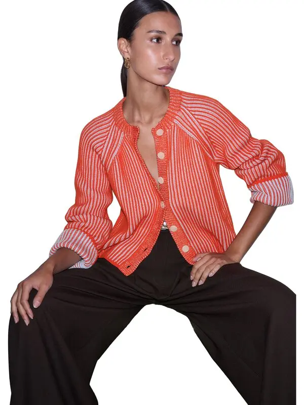 ME+EM Soft Touch Rib Cotton Cardigan - Vivid Orange/chambray Blue