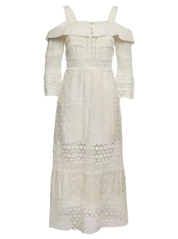 SELF-PORTRAIT Lace Detailed Midi Dress - White