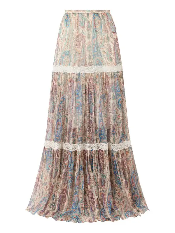 Etro Tiered Lace-trimmed Paisley-print Silk-crepon Maxi Skirt - Multi