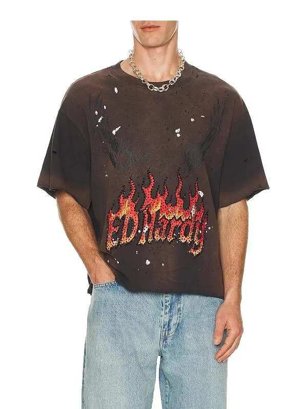 Ed Hardy By Appointment Only Eagle Flame Cropped Boxy Tee In Grey - Sunfade Grey