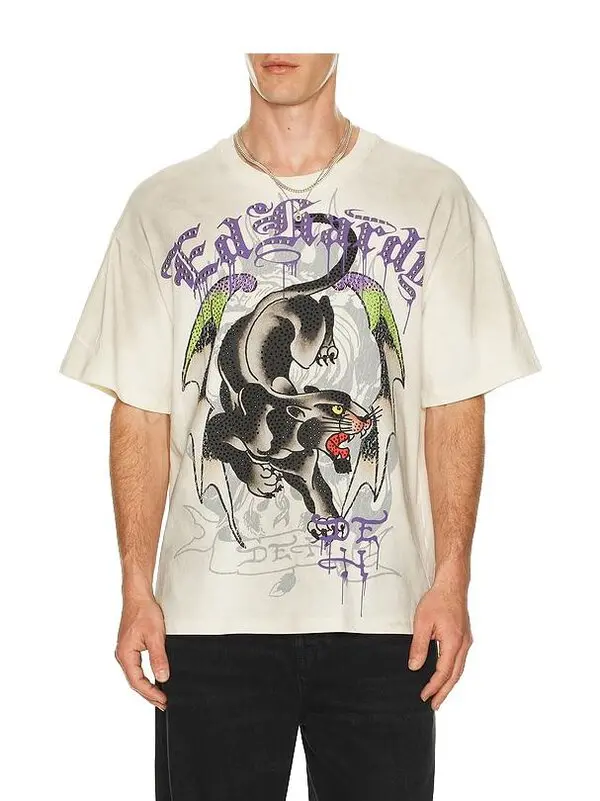 Ed Hardy By Appointment Only Panther Wings Boxy Tee In White - Vintage Ivory