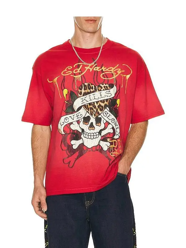 Ed Hardy Skull Boxy Tee In Red - Sunfade Red
