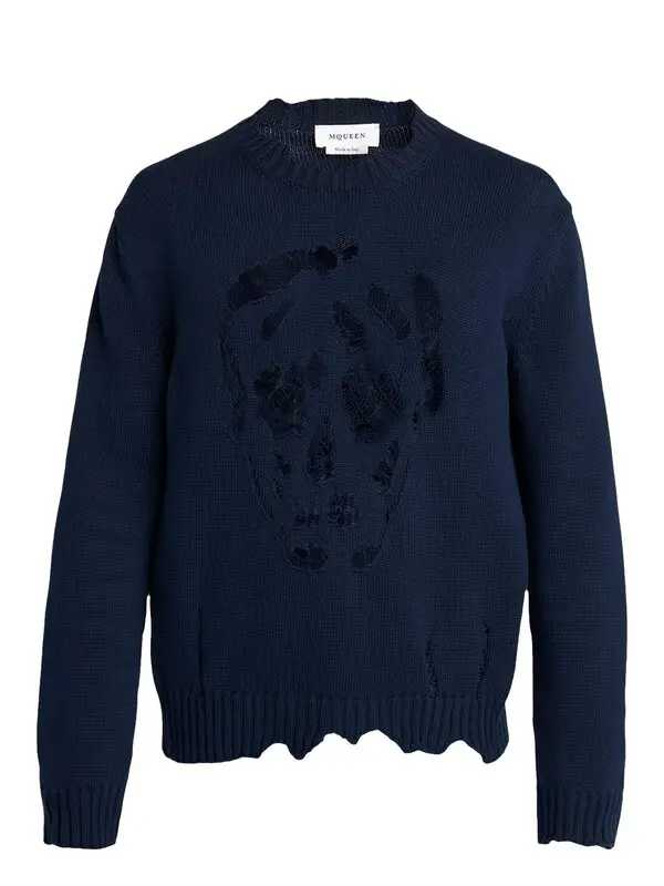 Alexander McQueen Distressed Skull Cotton Crewneck Sweater - Navy