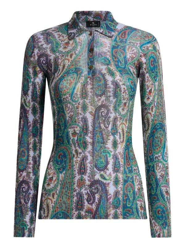 Etro Ribbed Leafy Paisley Polo Top - Green