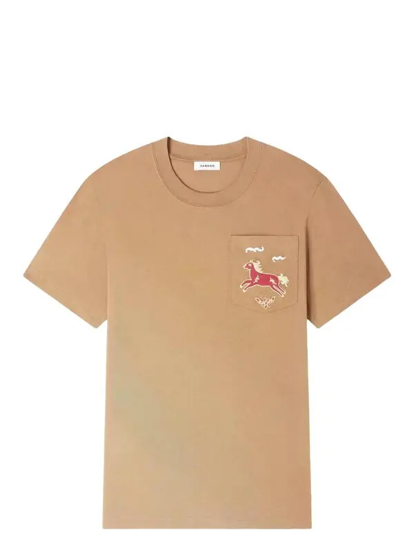 Sandro Embroidery-horse Cotton T-shirt - Neutrals