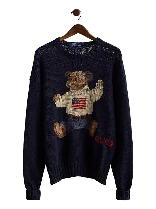 Ralph Lauren 1992 Hand-knit Bear Sweater Size - Navy