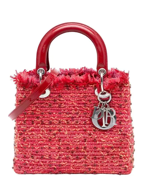 Dior 2012 Medium Tweed Fringe Rhinestone Lady Satchel - Red