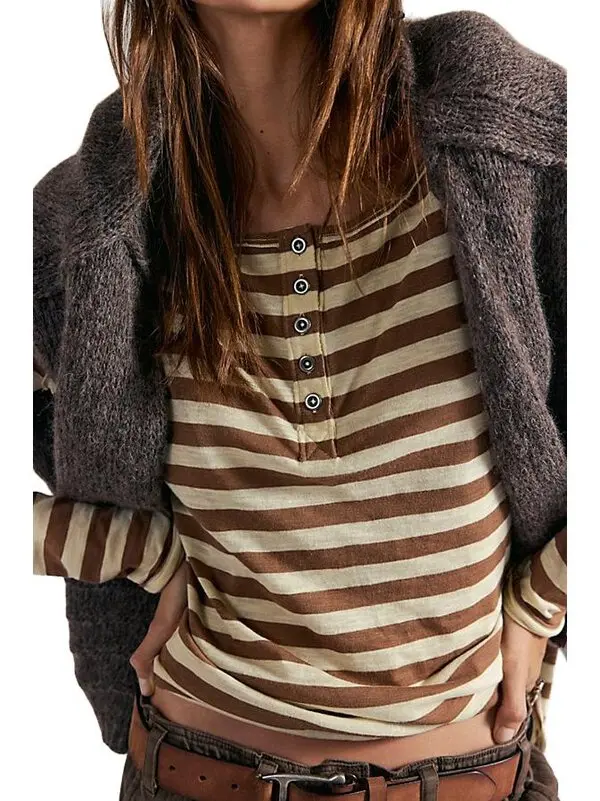 Free People We The Free On The Horizon Henley Top - Mocha Combo