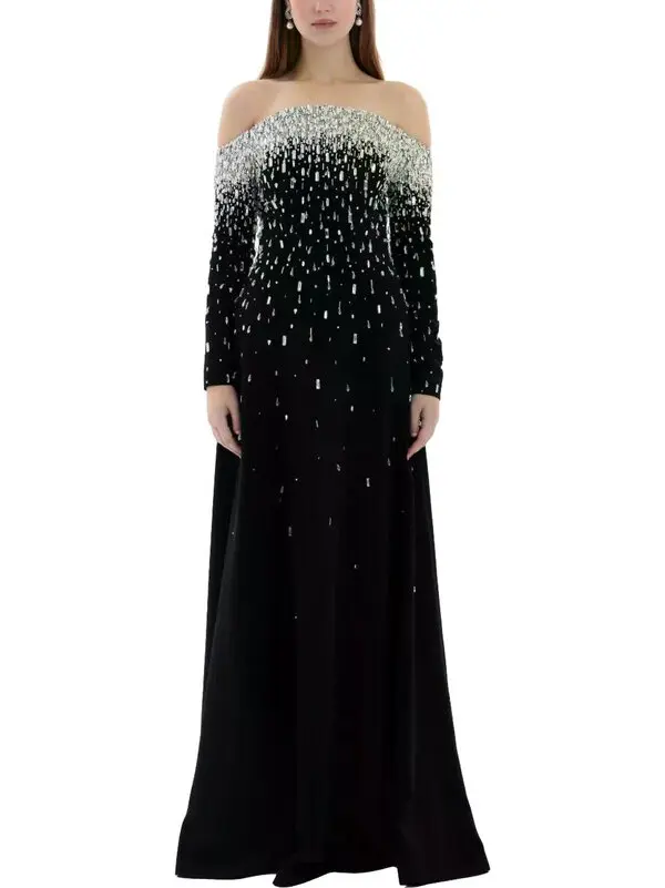 DINA MELWANI Crystal Embellished Off-shoulder Gown - Black