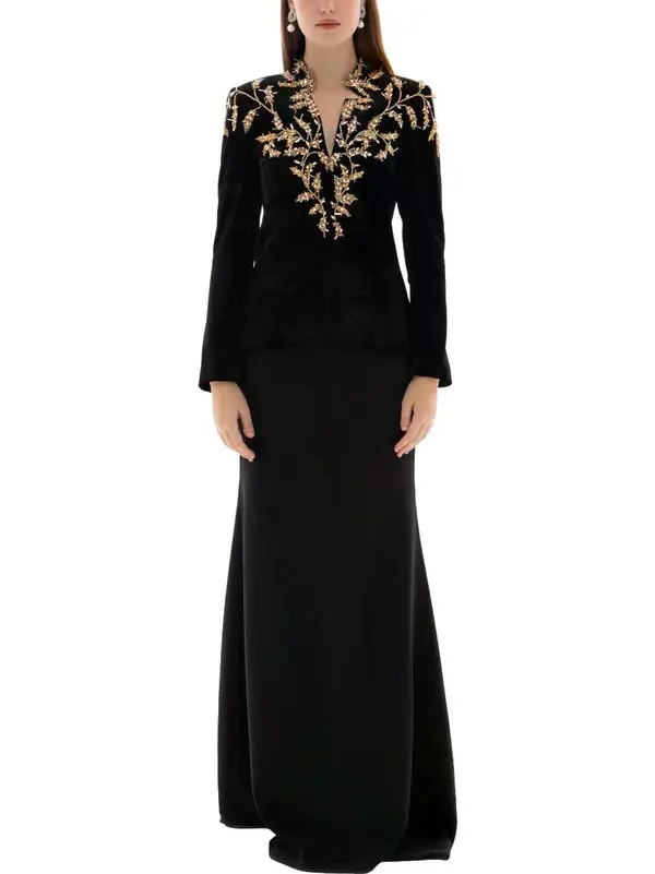 DINA MELWANI Embroidered Velvet Maxi Dress - Black